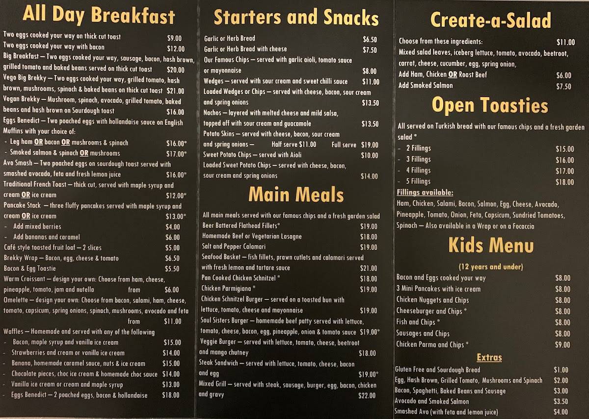 Menu at Soul Sisters Cafe, Longwarry