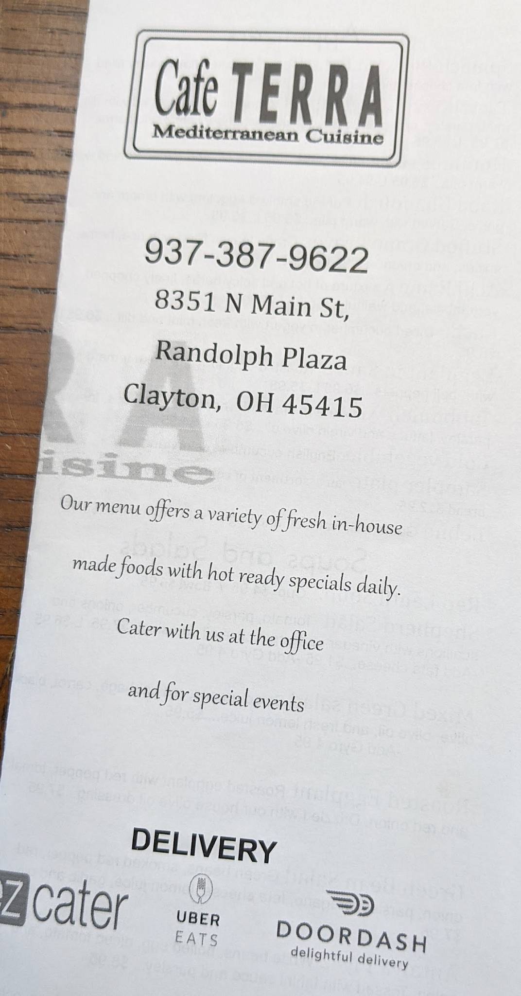 Menu at Cafe Terra Mediterranean Cuisine Englewood, Dayton