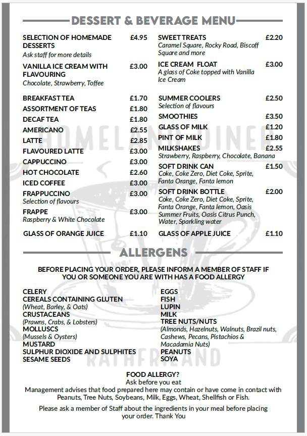 Menu at The Homeland Diner Cafe, Rathfriland