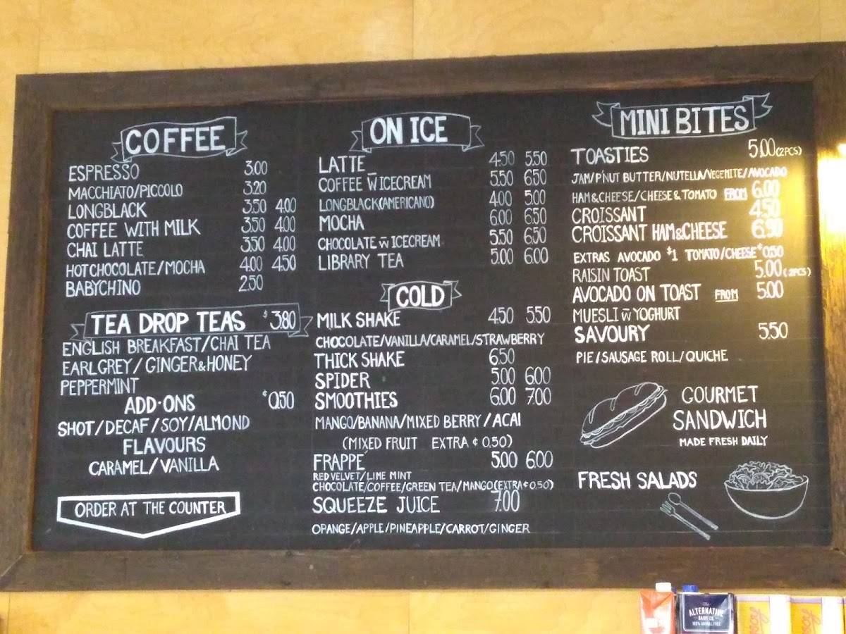 Menu at The Library cafe, North Sydney, 240 Miller St