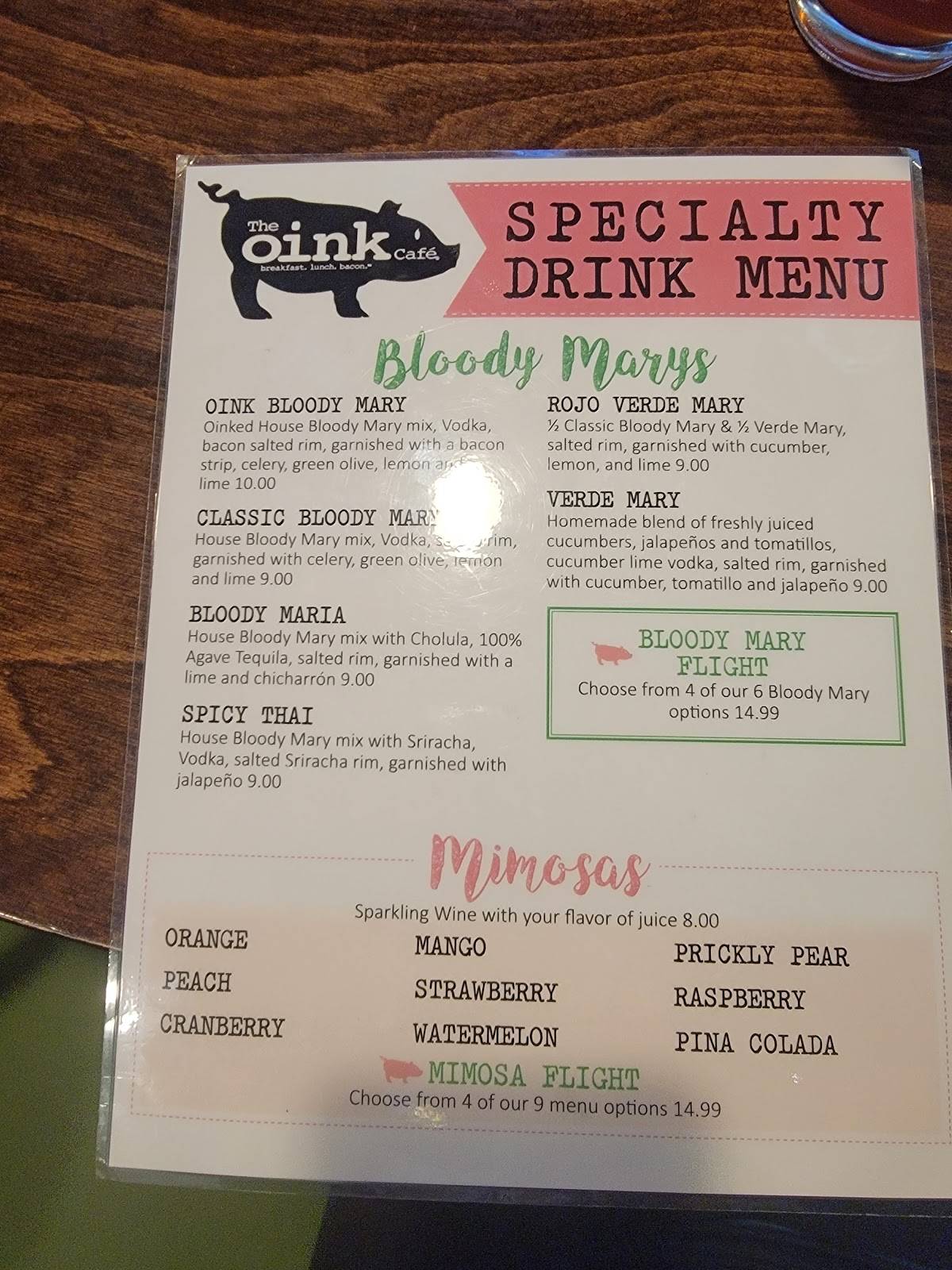 Menu at The Oink Cafe, Tucson