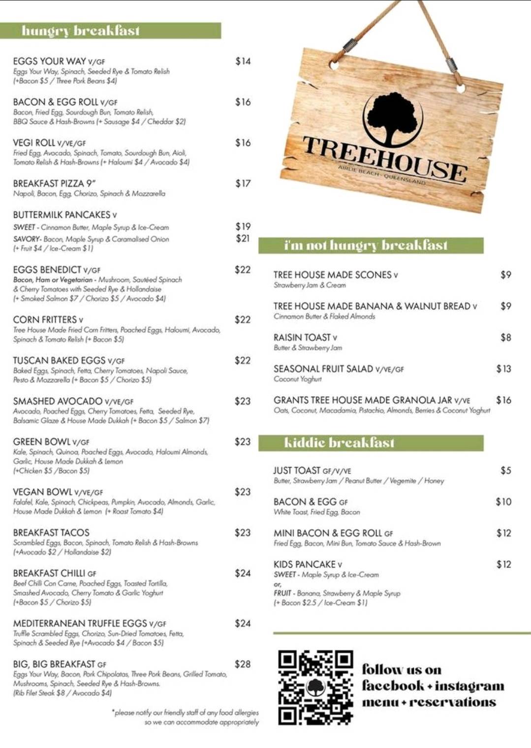 Menu at Treehouse cafe, Airlie Beach