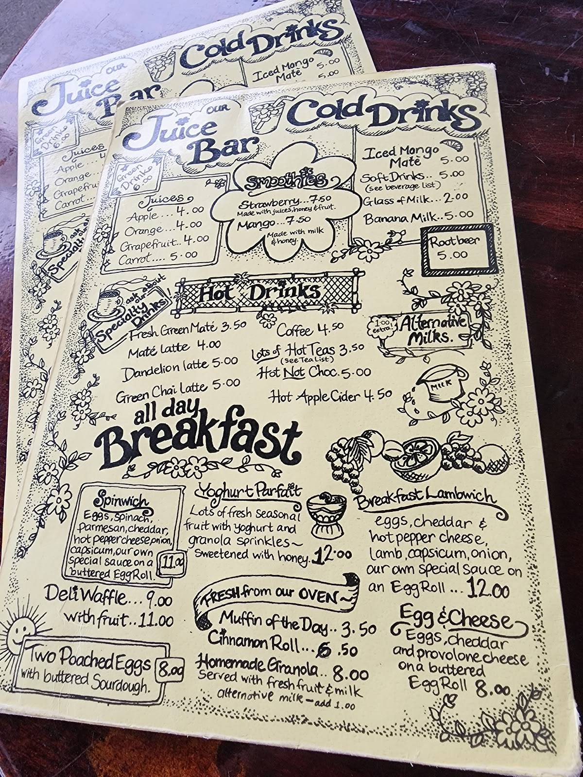 Menu at Yellow Deli cafe, Katoomba