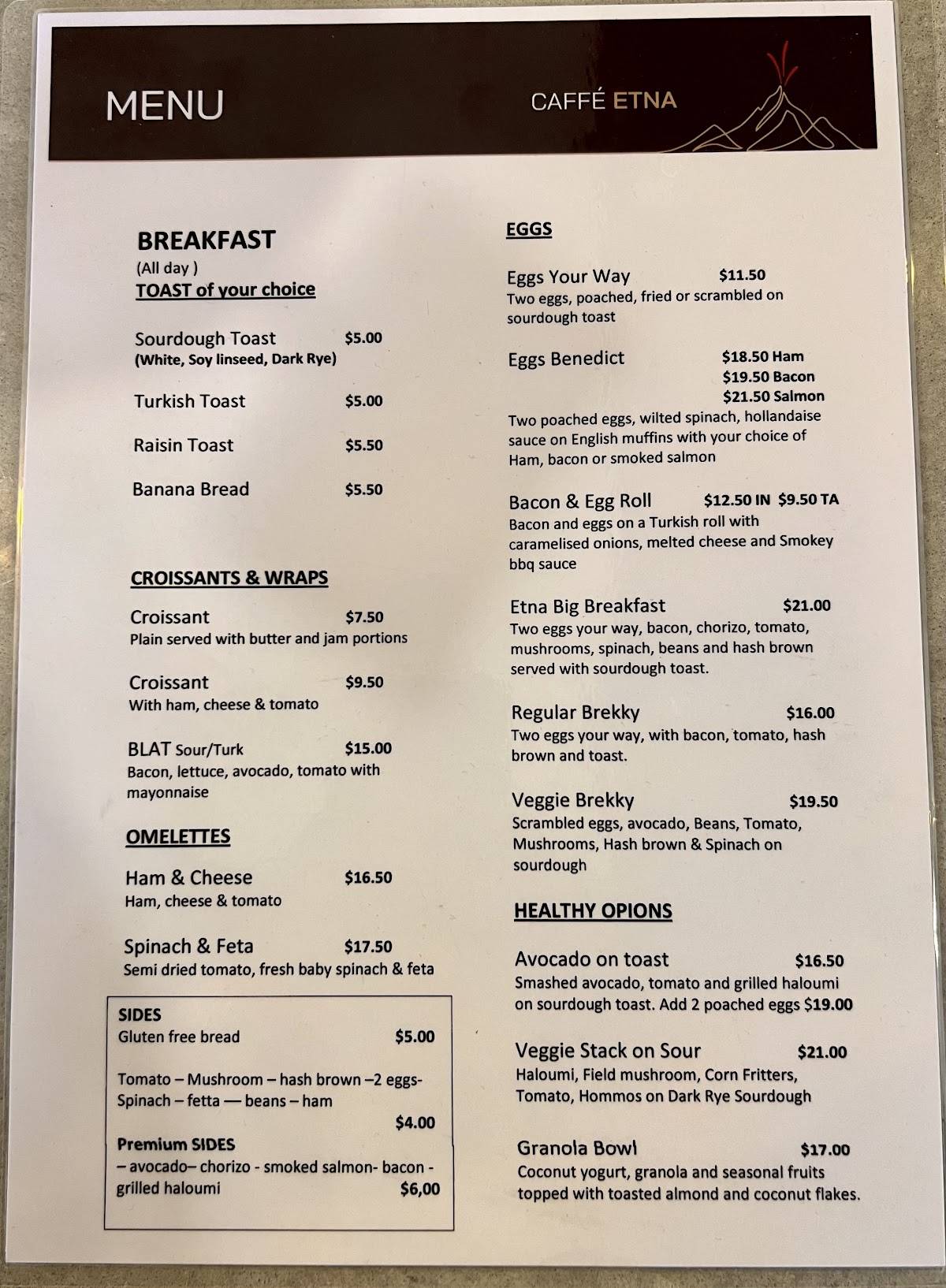 Menu at Caffe Etna cafe, Horsley Park