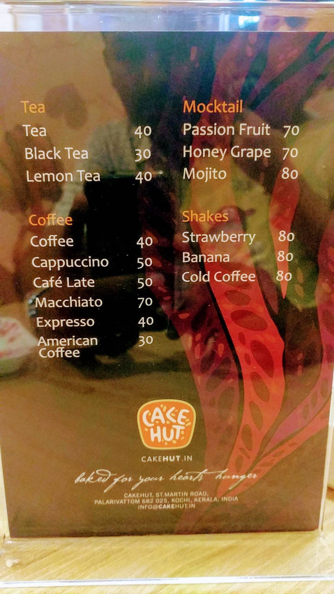Menu at Cake Hut, Kochi, Near Petta Junction