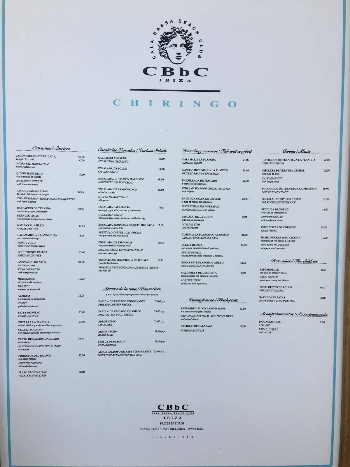 Menu at Cala Bassa beach Club, Ibiza, Camí de la Bassa