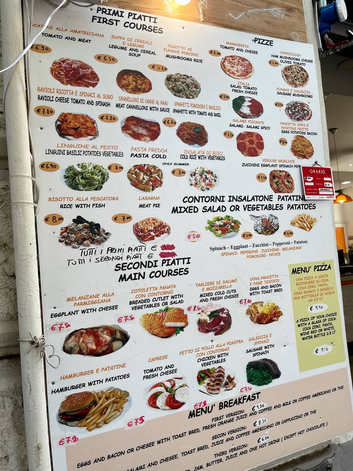 Menu at Calor Cafe, Rome