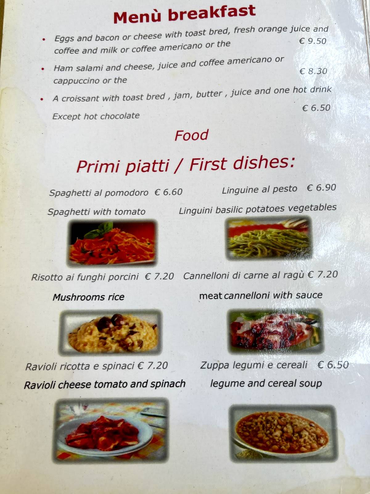 Menu at Calor Cafe, Rome
