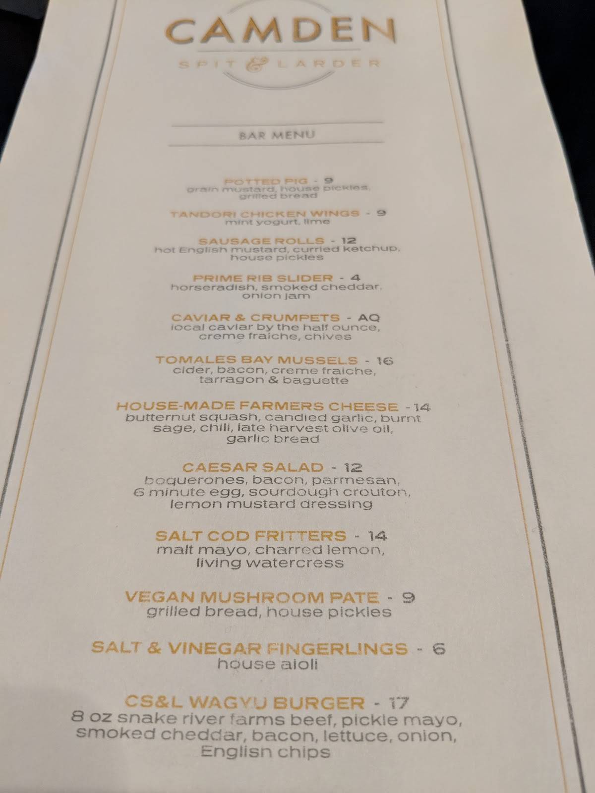 Menu at Camden Spit & Larder restaurant, Sacramento