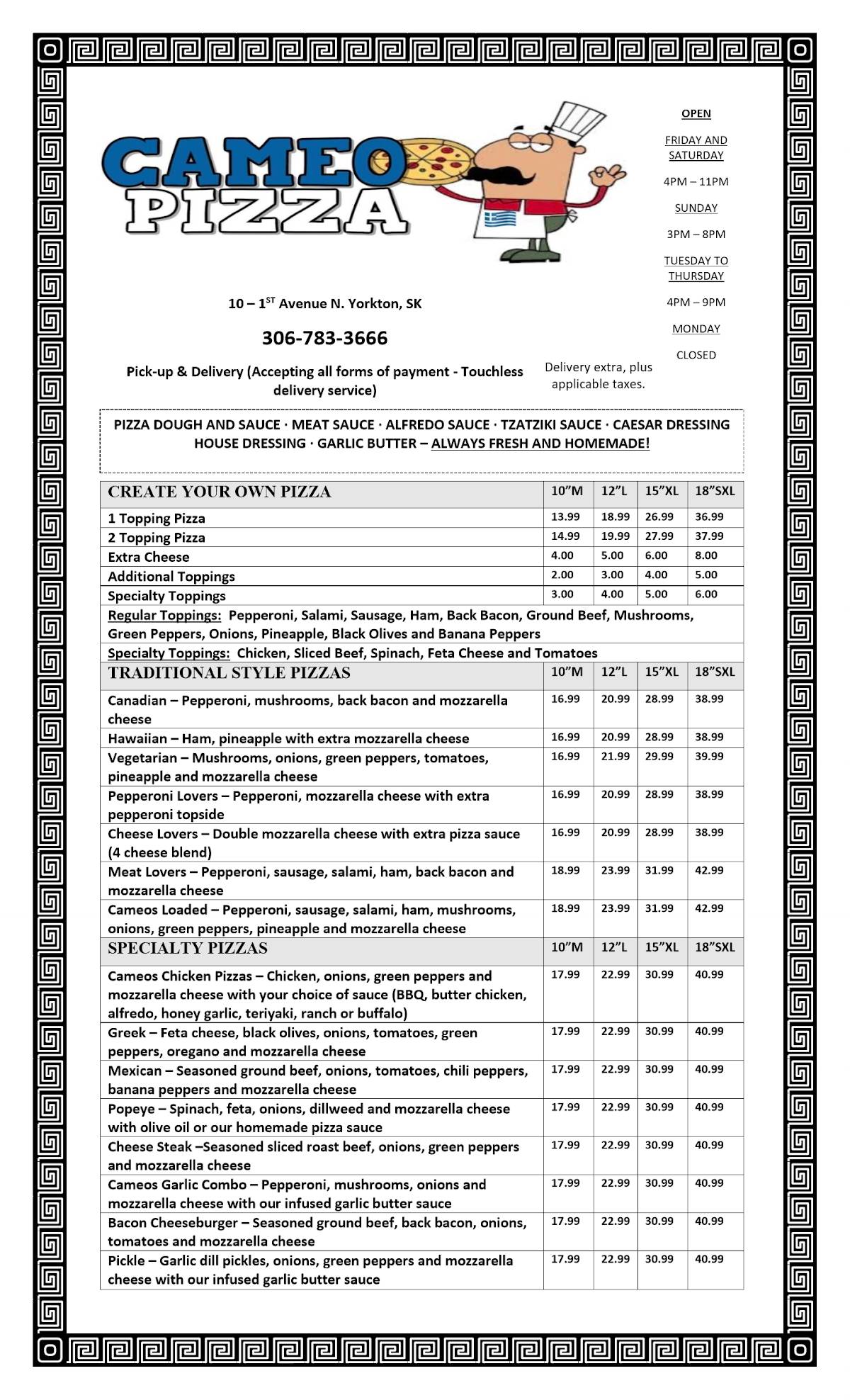 Menu at Cameo Pizza pizzeria, Yorkton, 10 1 Ave N