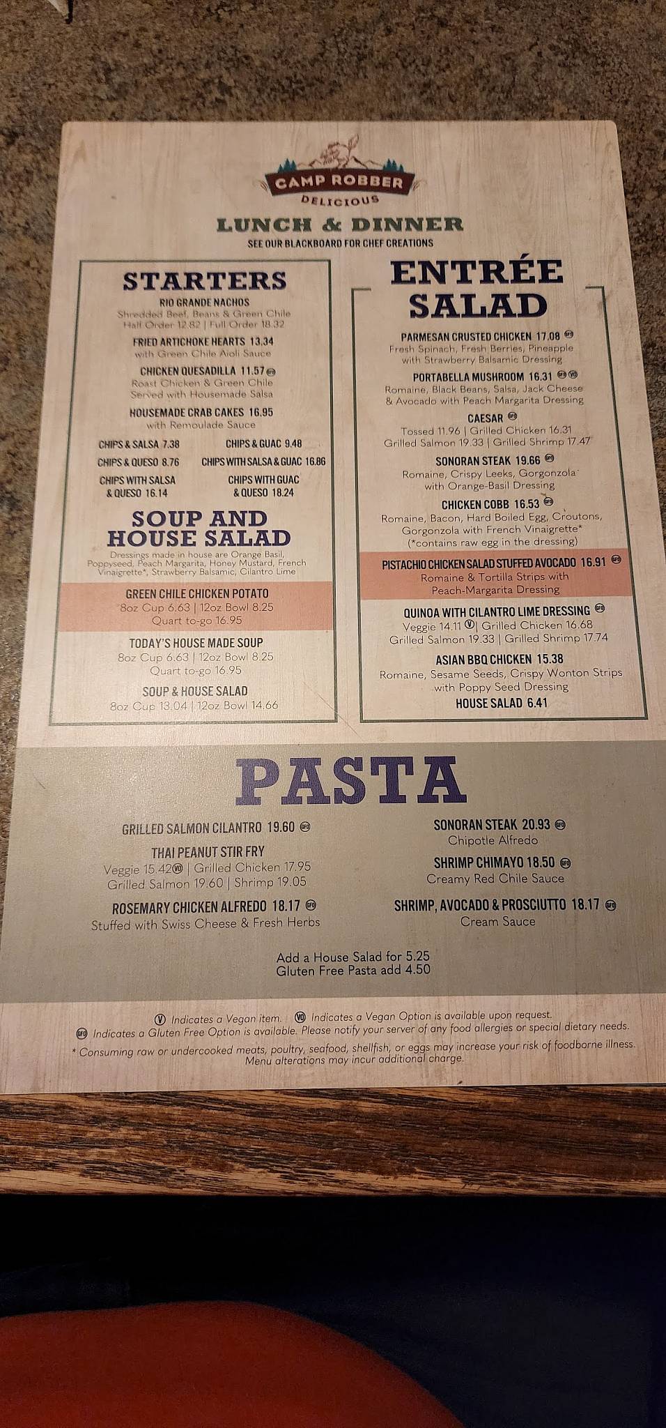 Menu at Camp Robber restaurant, Montrose
