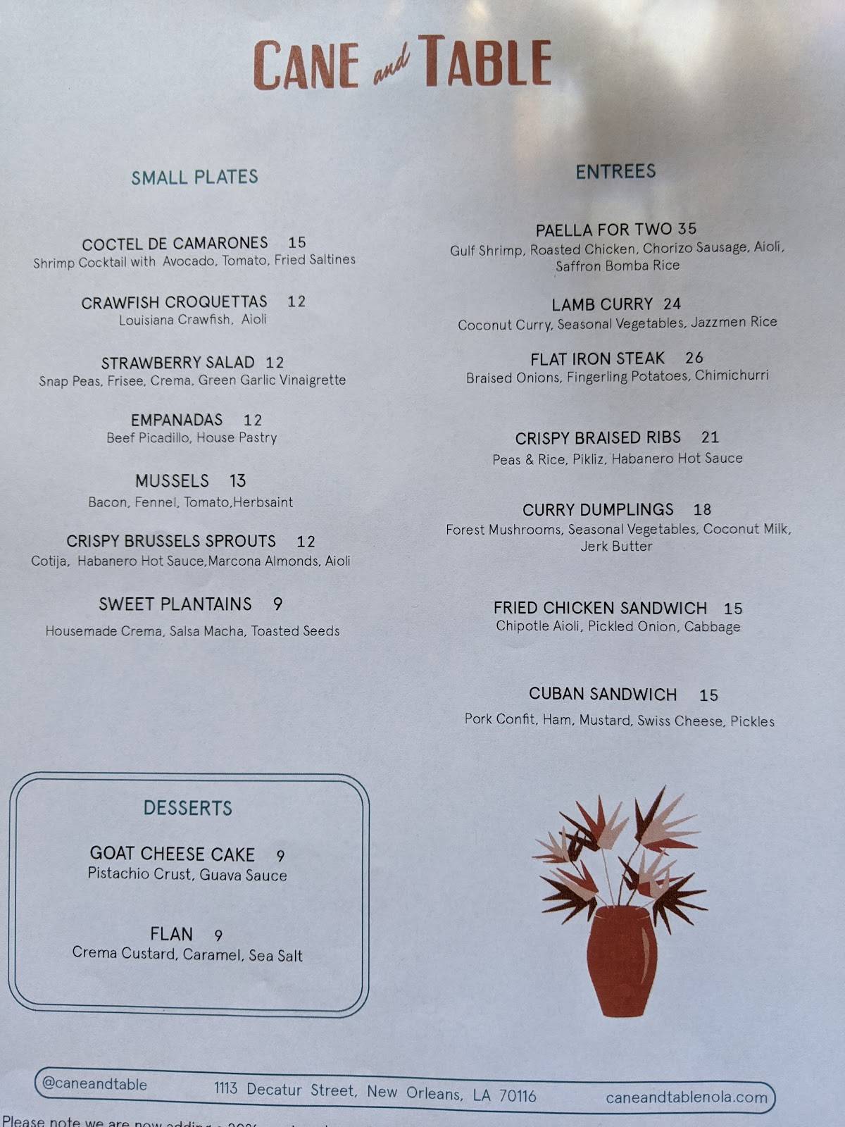 Menu at Cane and Table pub & bar, New Orleans, Decatur St