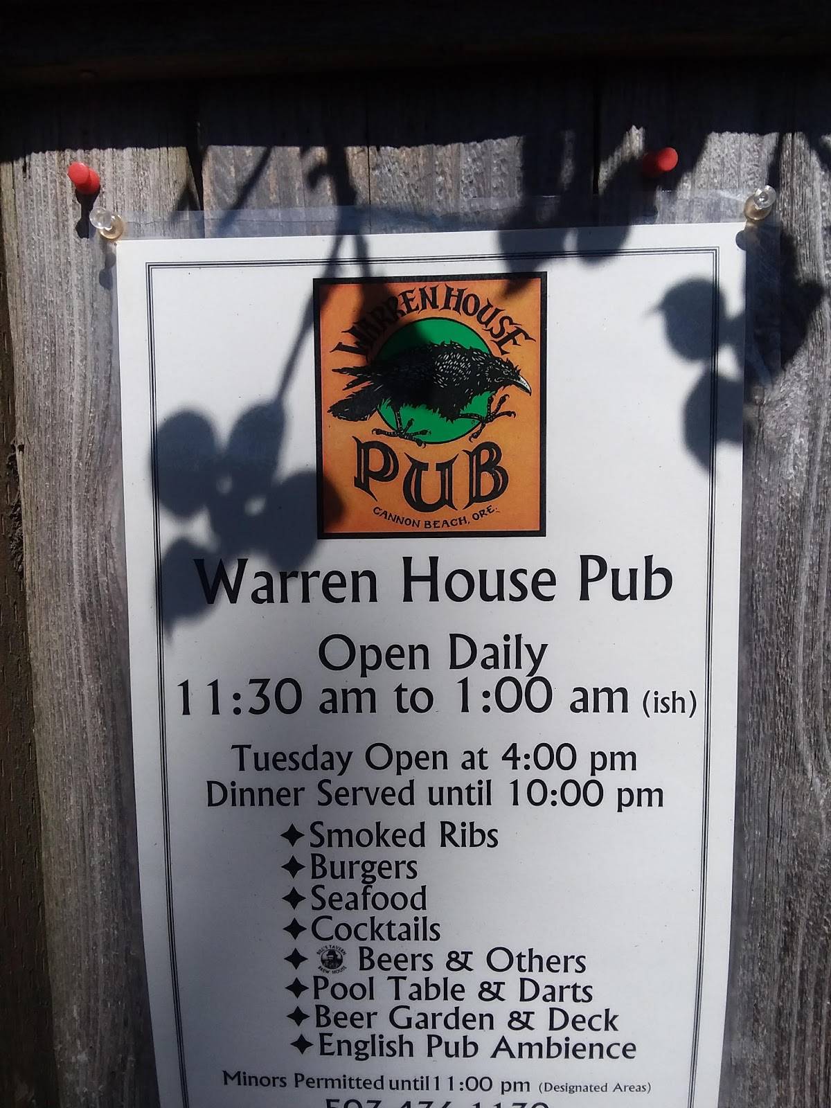 Menu at Warren House Pub, Cannon Beach
