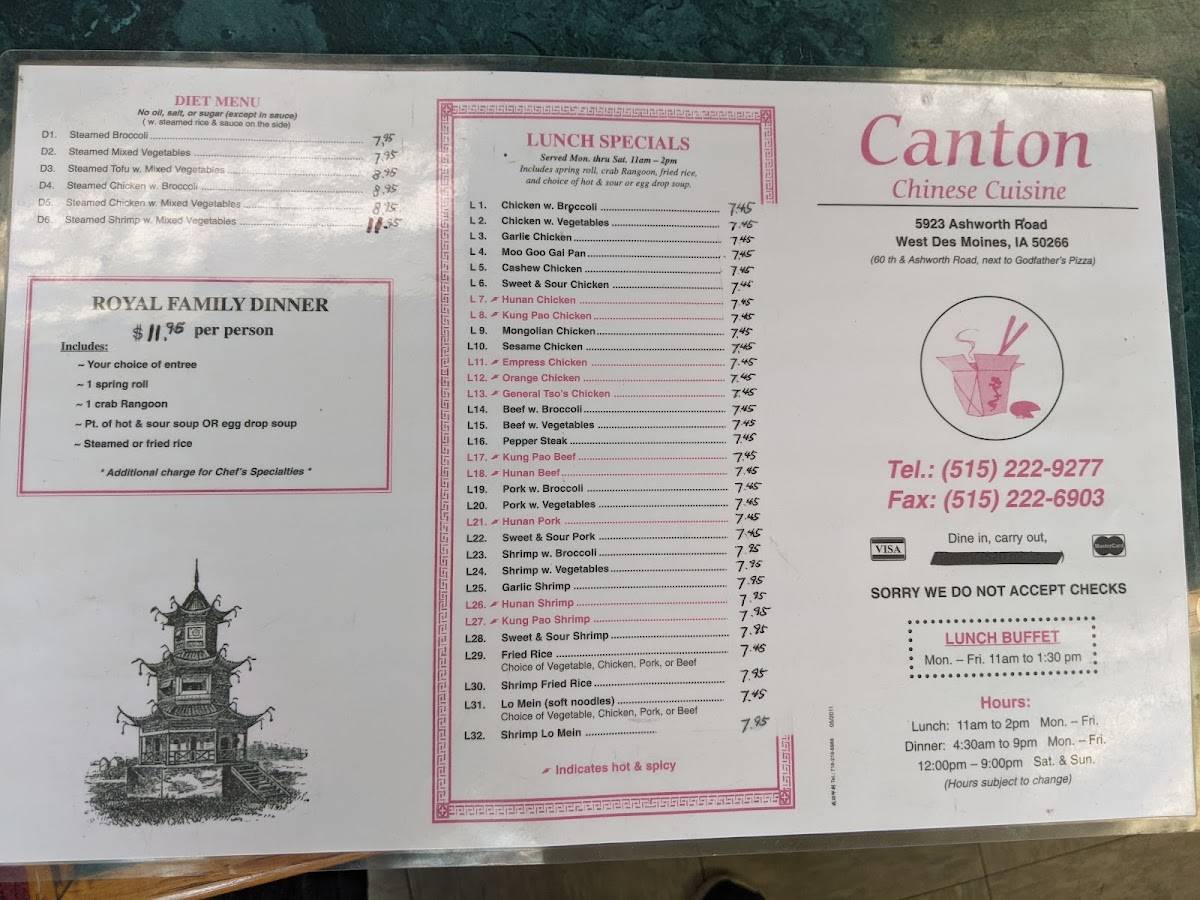 Menu at Canton Chinese Cuisine restaurant, West Des Moines