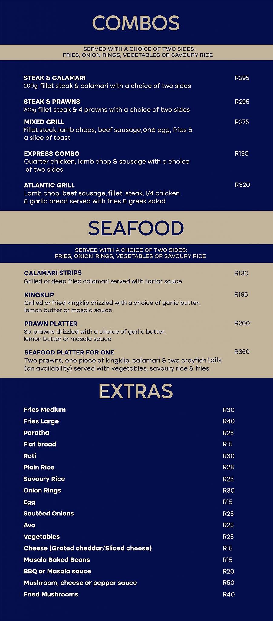 Menu at Atlantic Express Train Restaurant, Cape Town