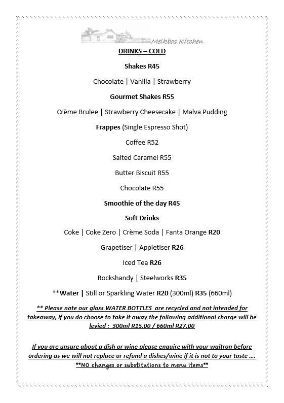 Menu at The Melkbos Kitchen restaurant, Cape Town