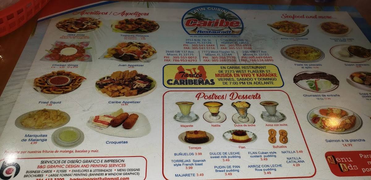 Menu at Caribe Cafe Restaurant, Miami, NW 7th St