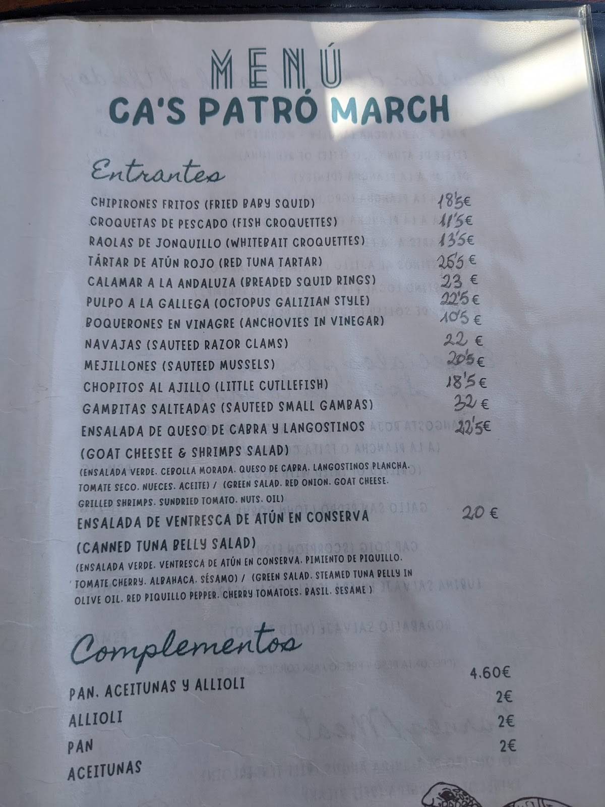 Menu at Ca's Patró March restaurant, Deià
