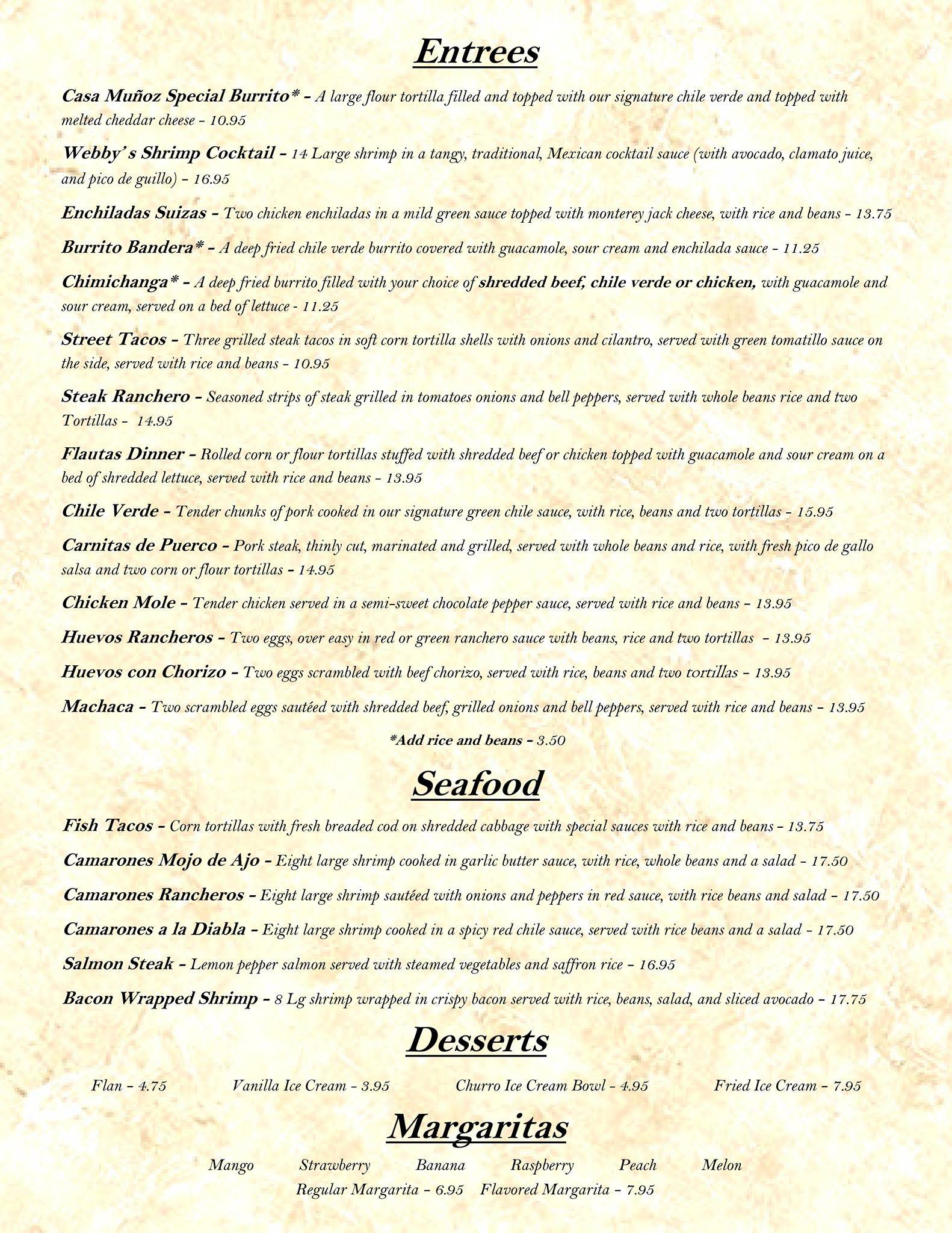 Menu at Casa Munoz restaurant, Bakersfield