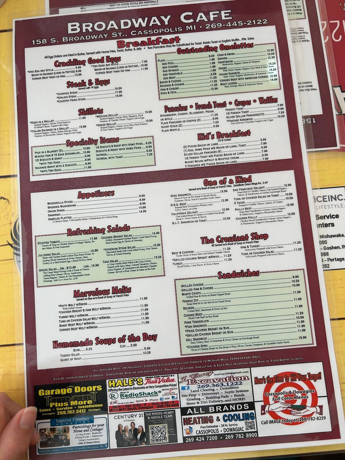 Menu at Broadway Cafe, Cassopolis