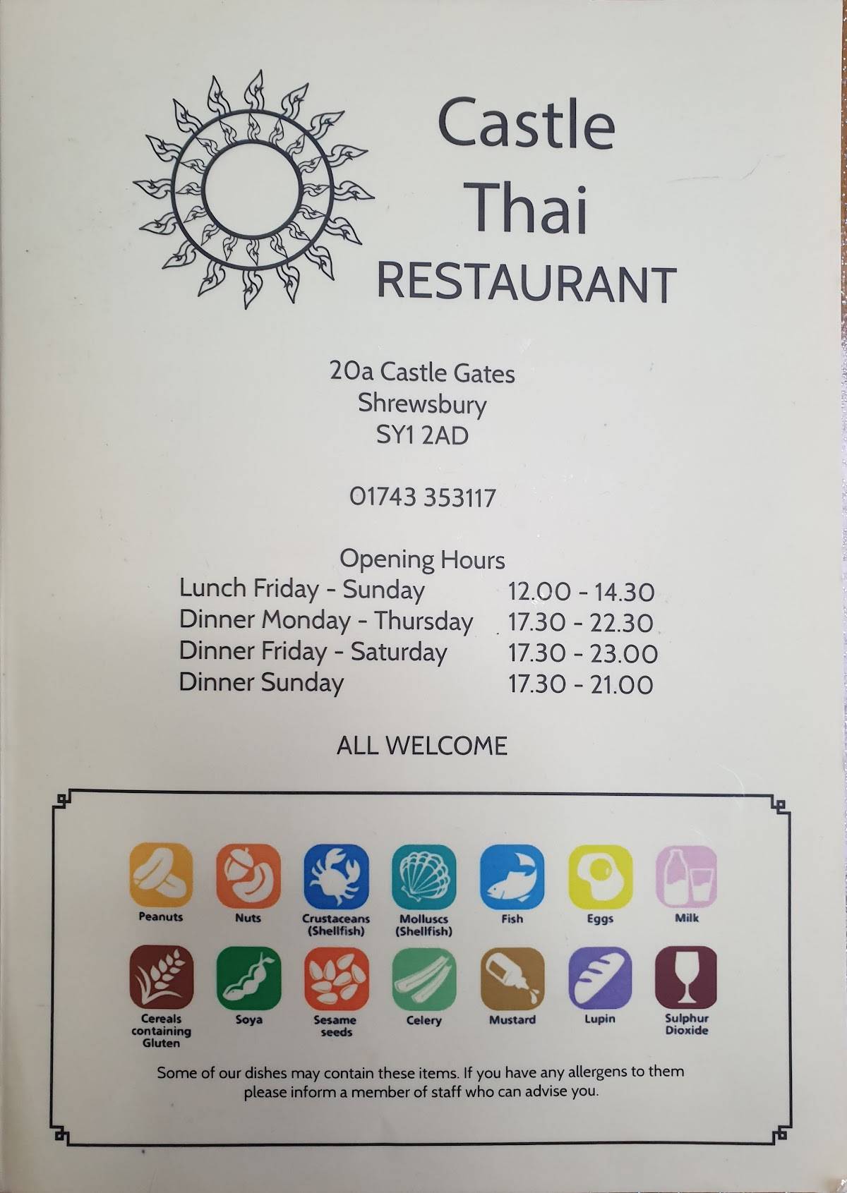 Menu at Castle Thai restaurant, Shrewsbury
