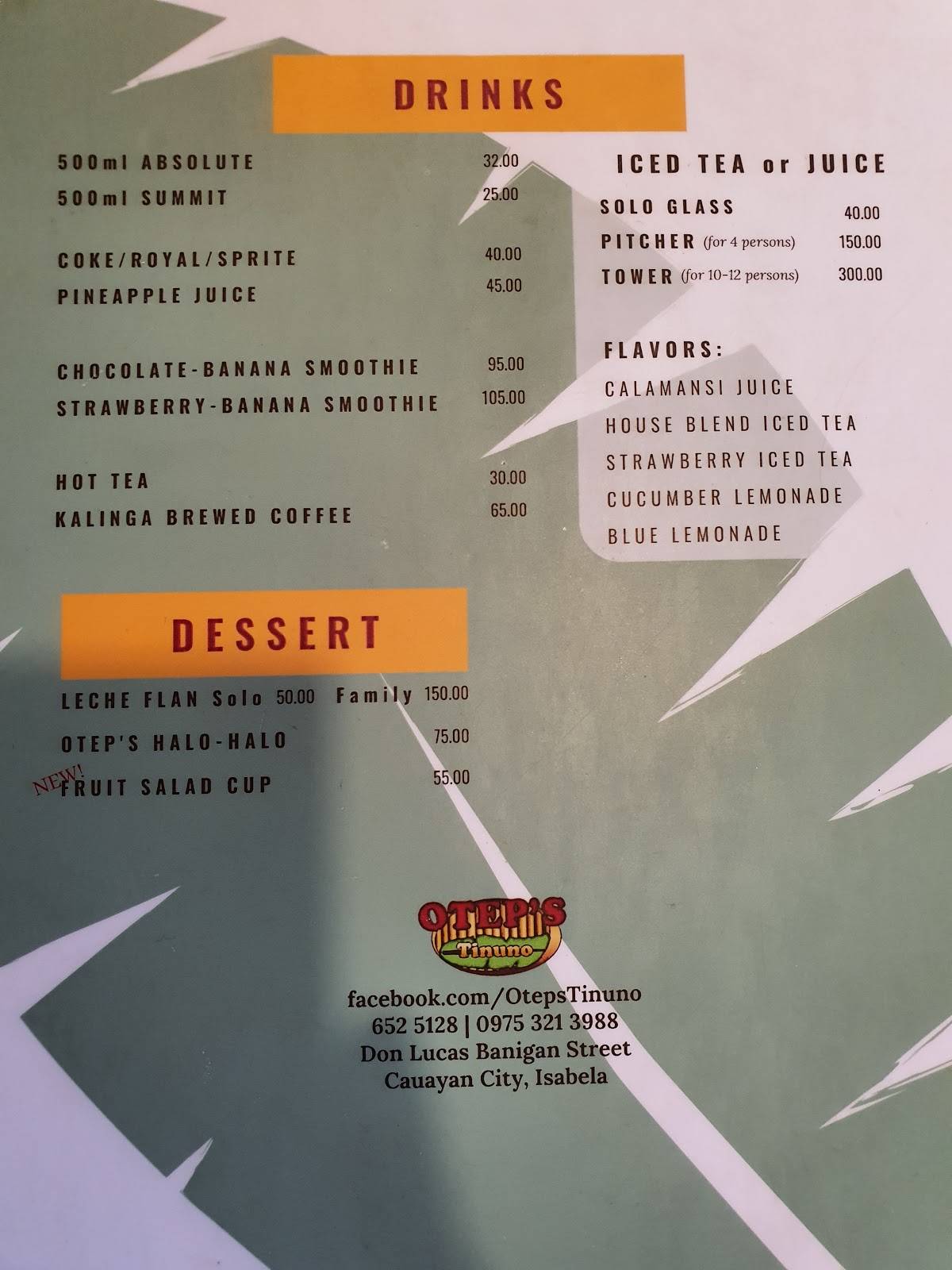 Menu at Otep's Tinuno restaurant, Cauayan City