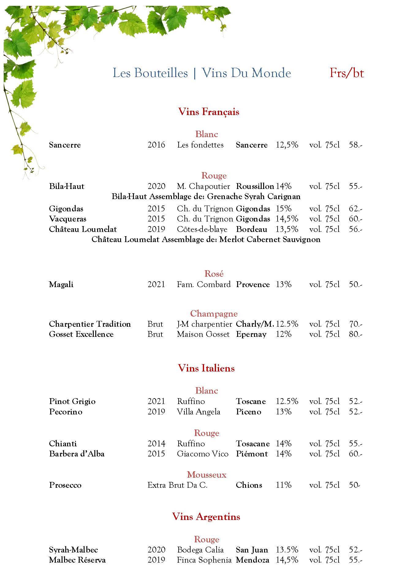 Menu au Cave valaisanne - chalet suisse, Genève