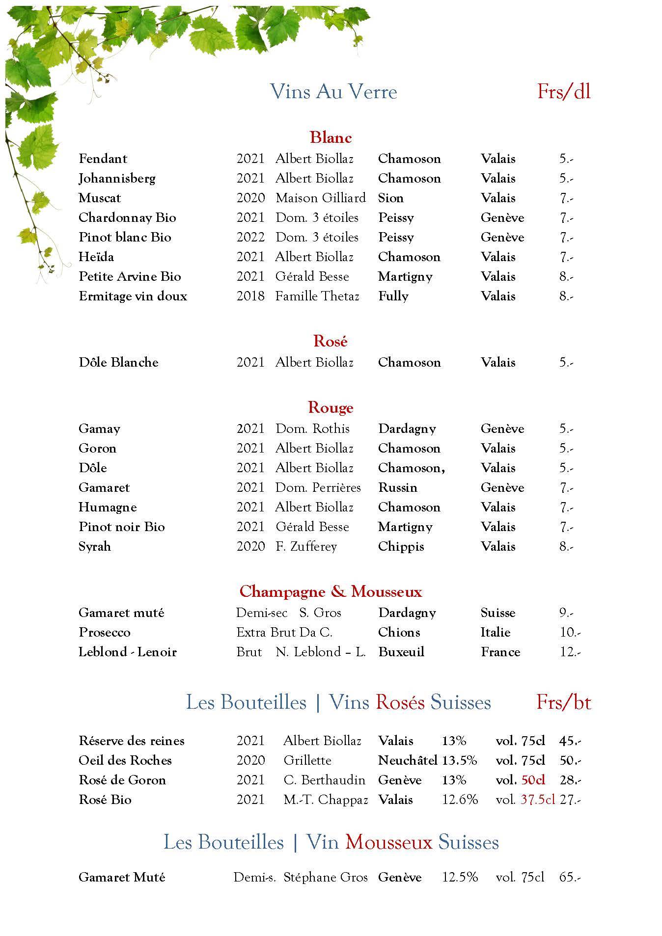 Menu au Cave valaisanne - chalet suisse, Genève