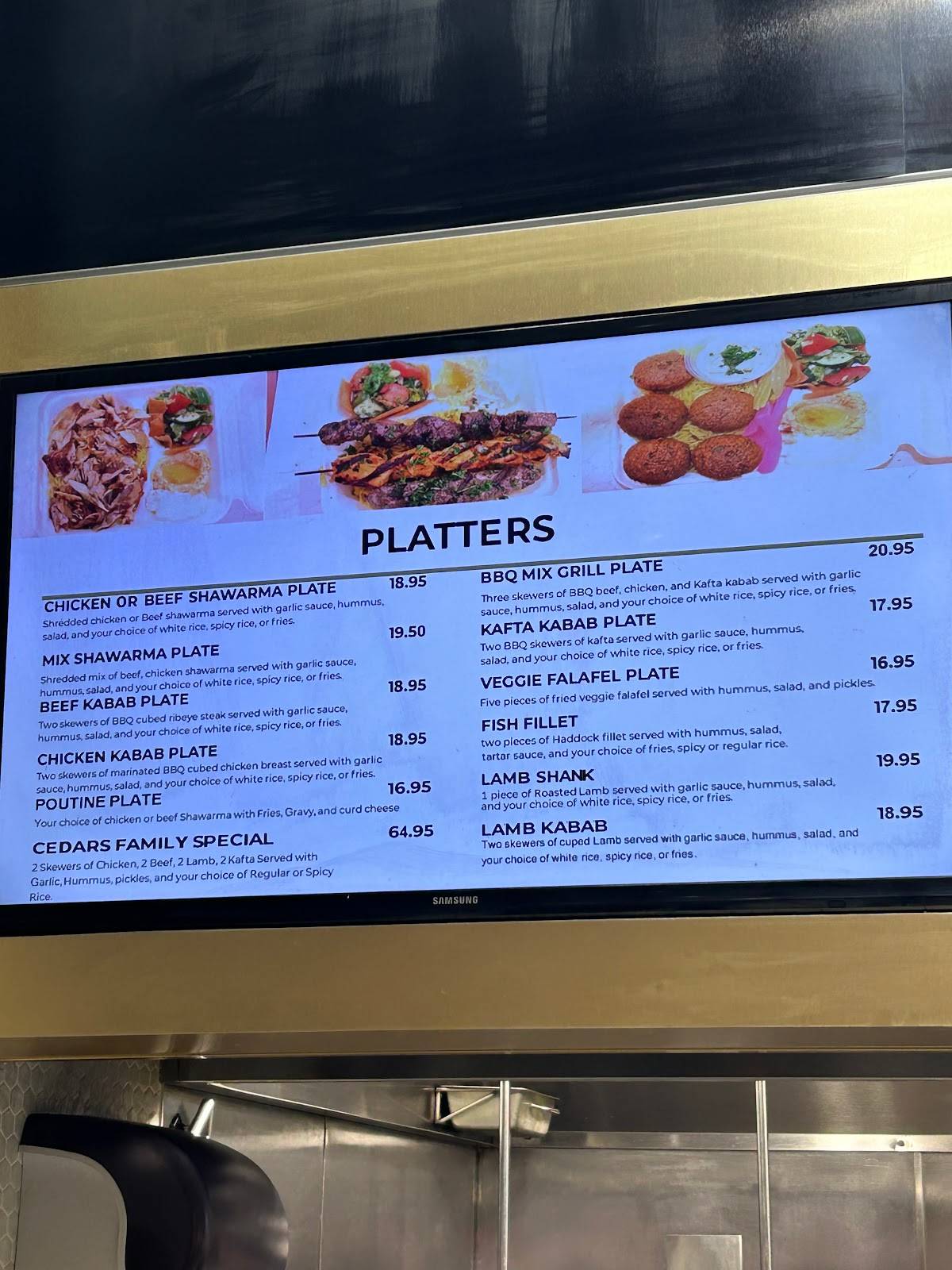 Menu au Cedars Shawarma & Kabab West Edmonton Mall restaurant, Edmonton
