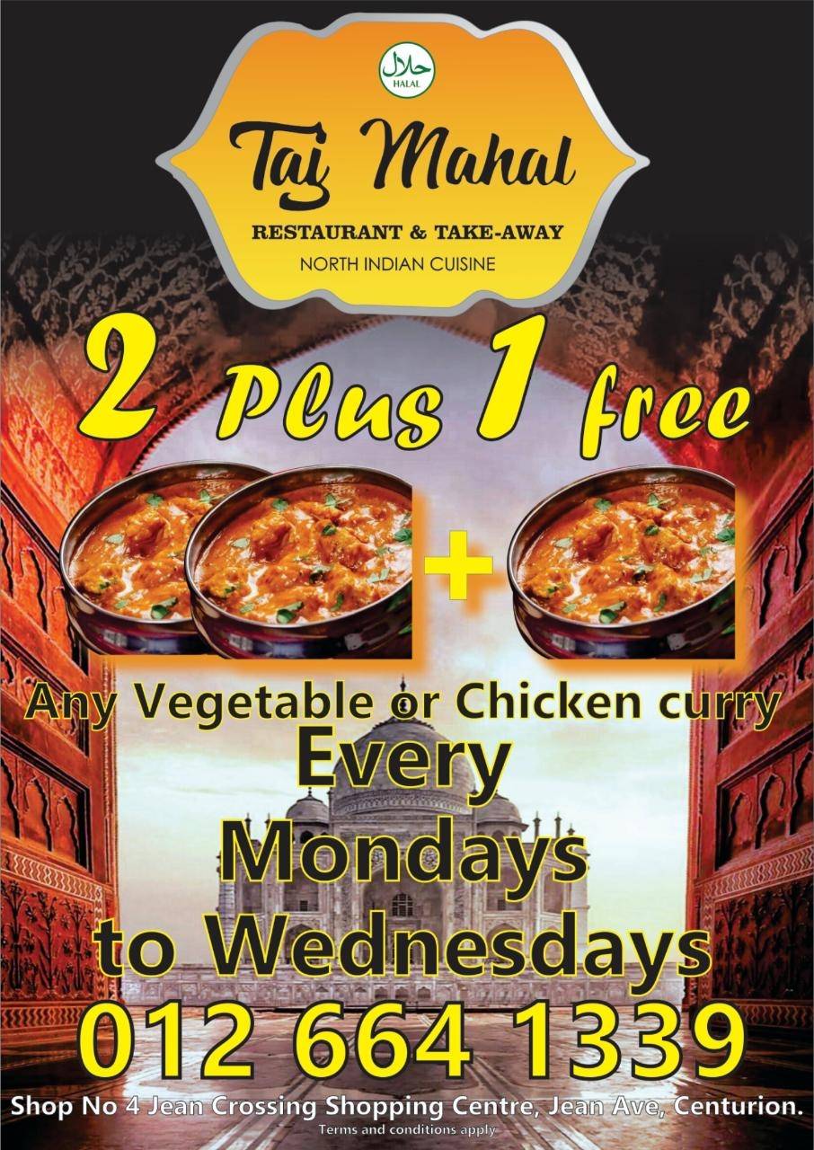 Menu at Taj Mahal restaurant, Centurion, 225 Jean Ave
