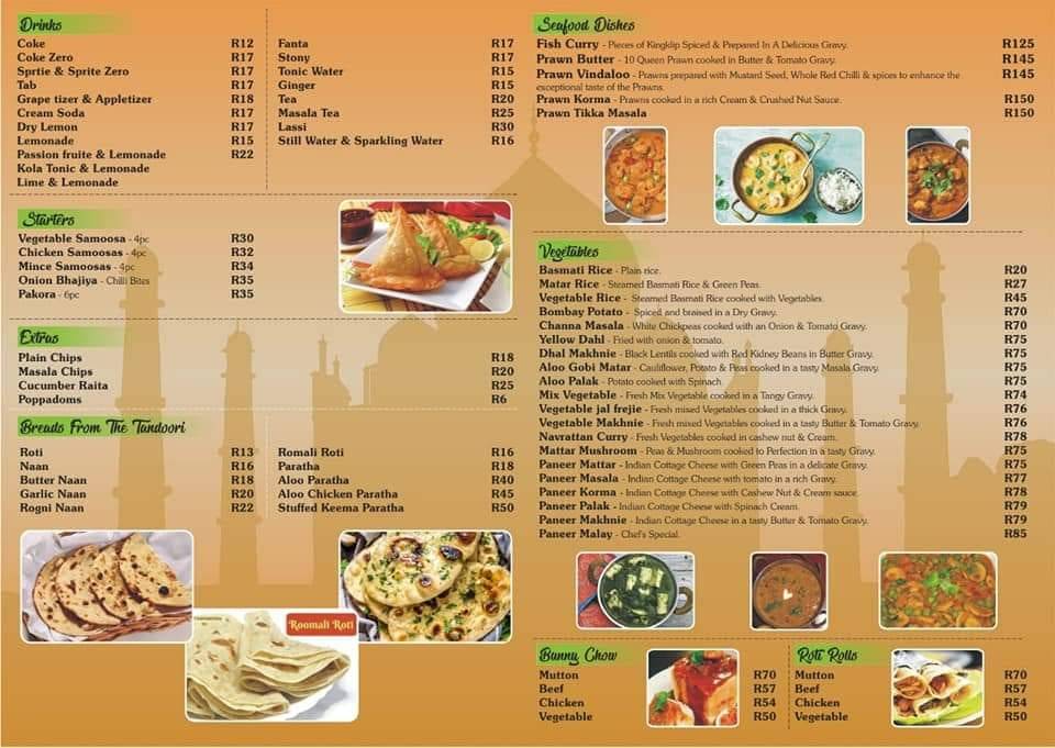 Menu at Taj Mahal restaurant, Centurion, 225 Jean Ave