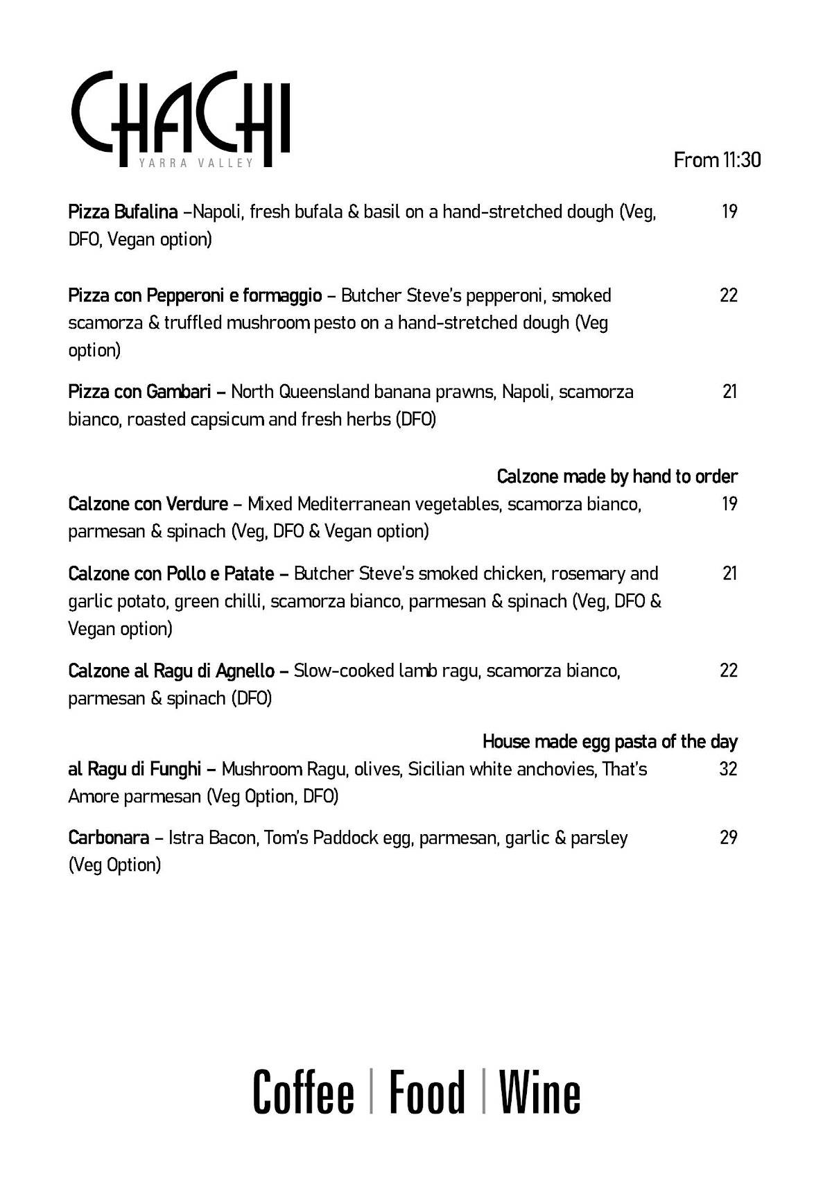 Menu at Chachi Yarra Valley restaurant, Healesville