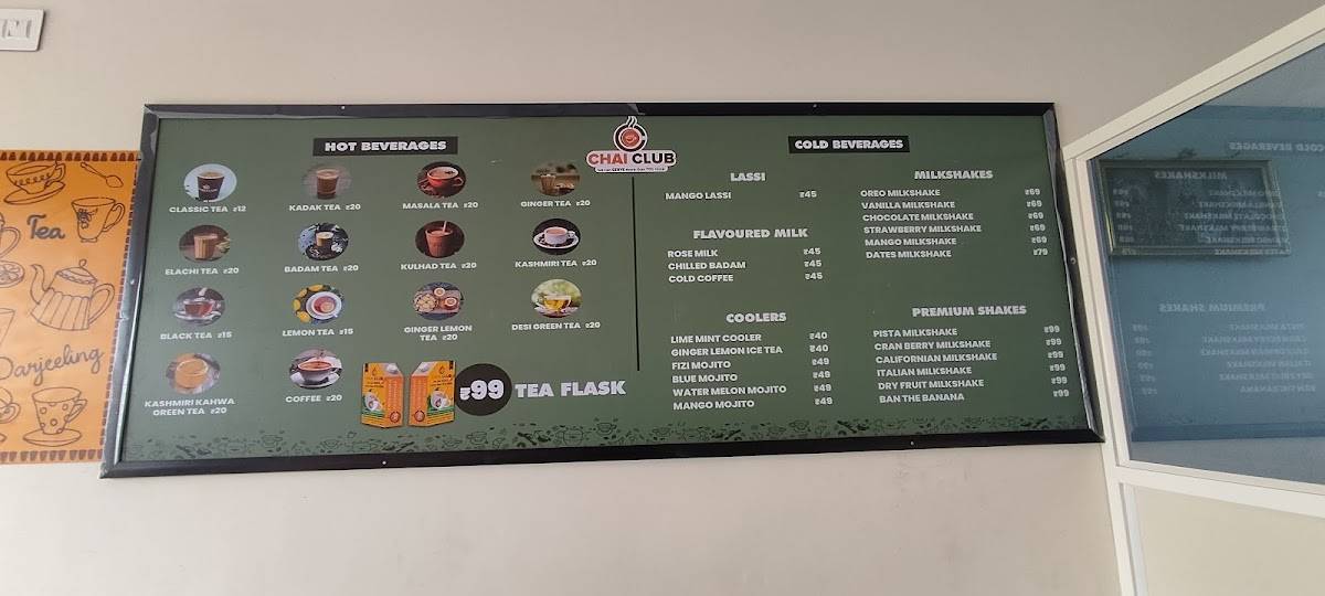 Menu at Chai club, Chitradurga