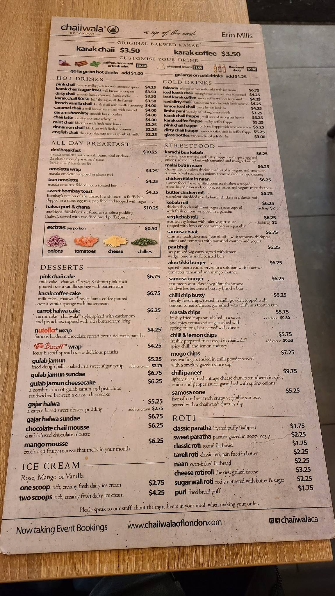 Carta del restaurante Chaiiwala Of London - Erin Mills, Mississauga