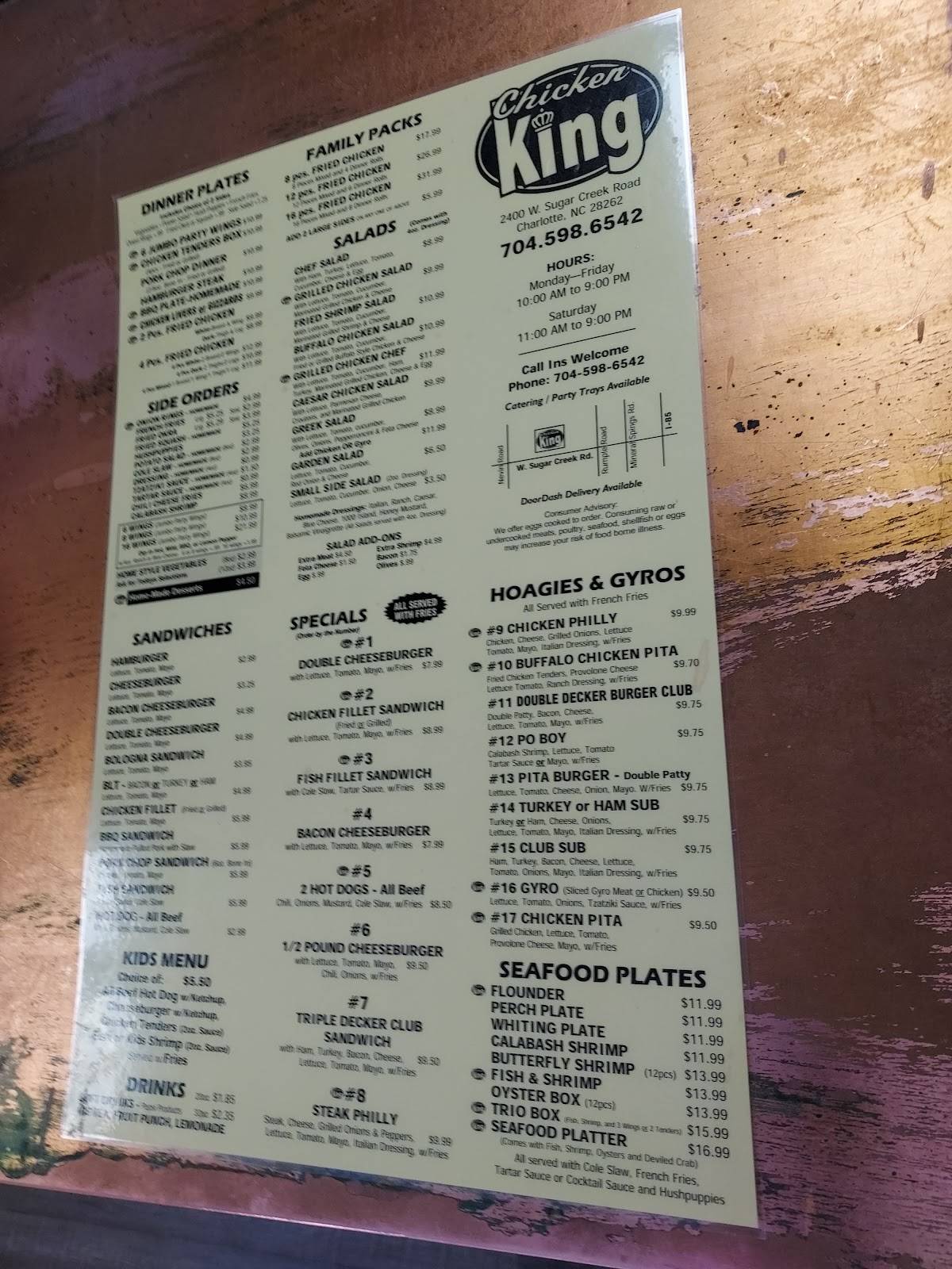 Menu at Chicken King fast food, Charlotte, W Sugar Creek Rd A