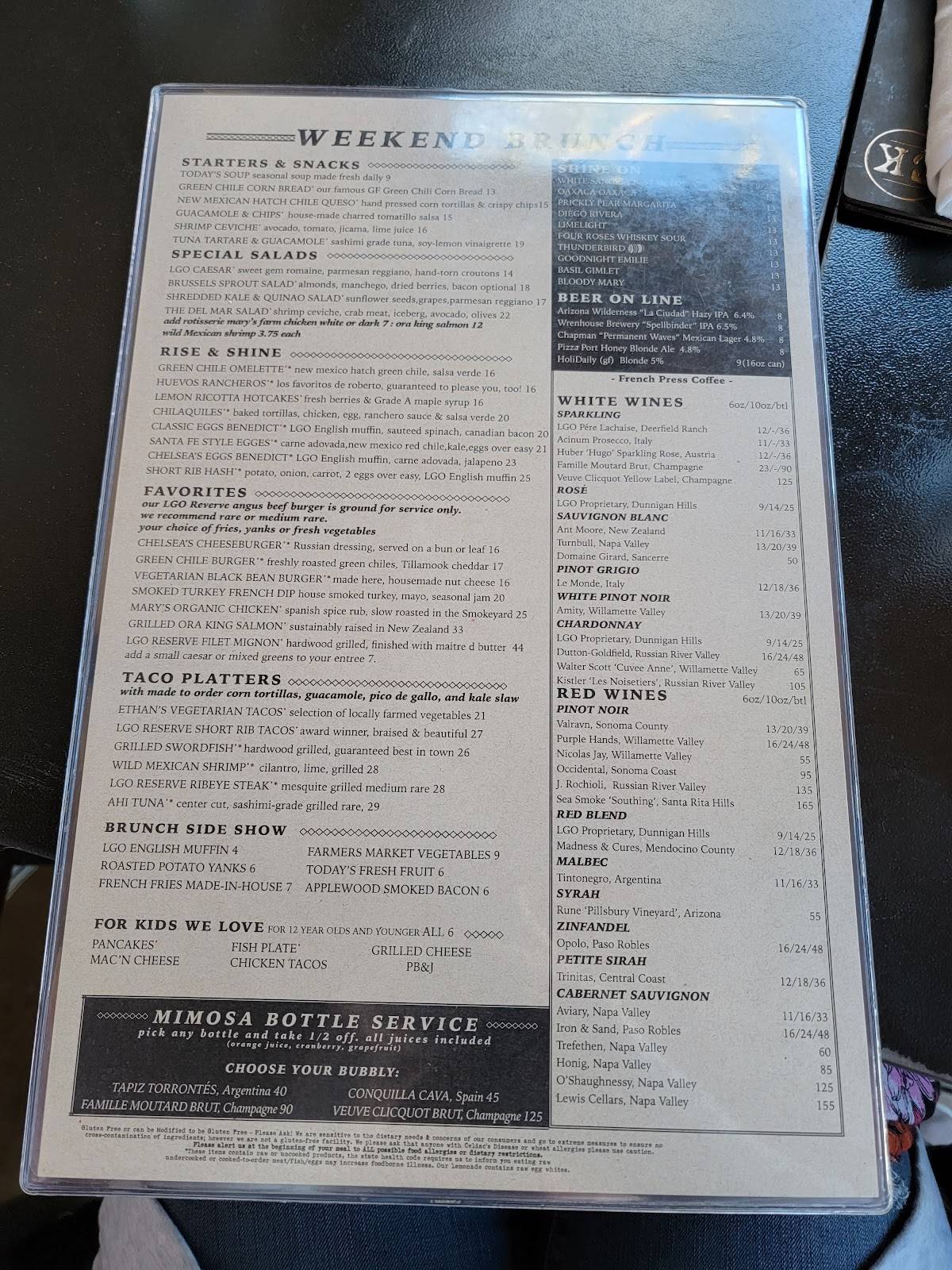 Menu at Chelsea’s Kitchen restaurant, Phoenix, N 40th St
