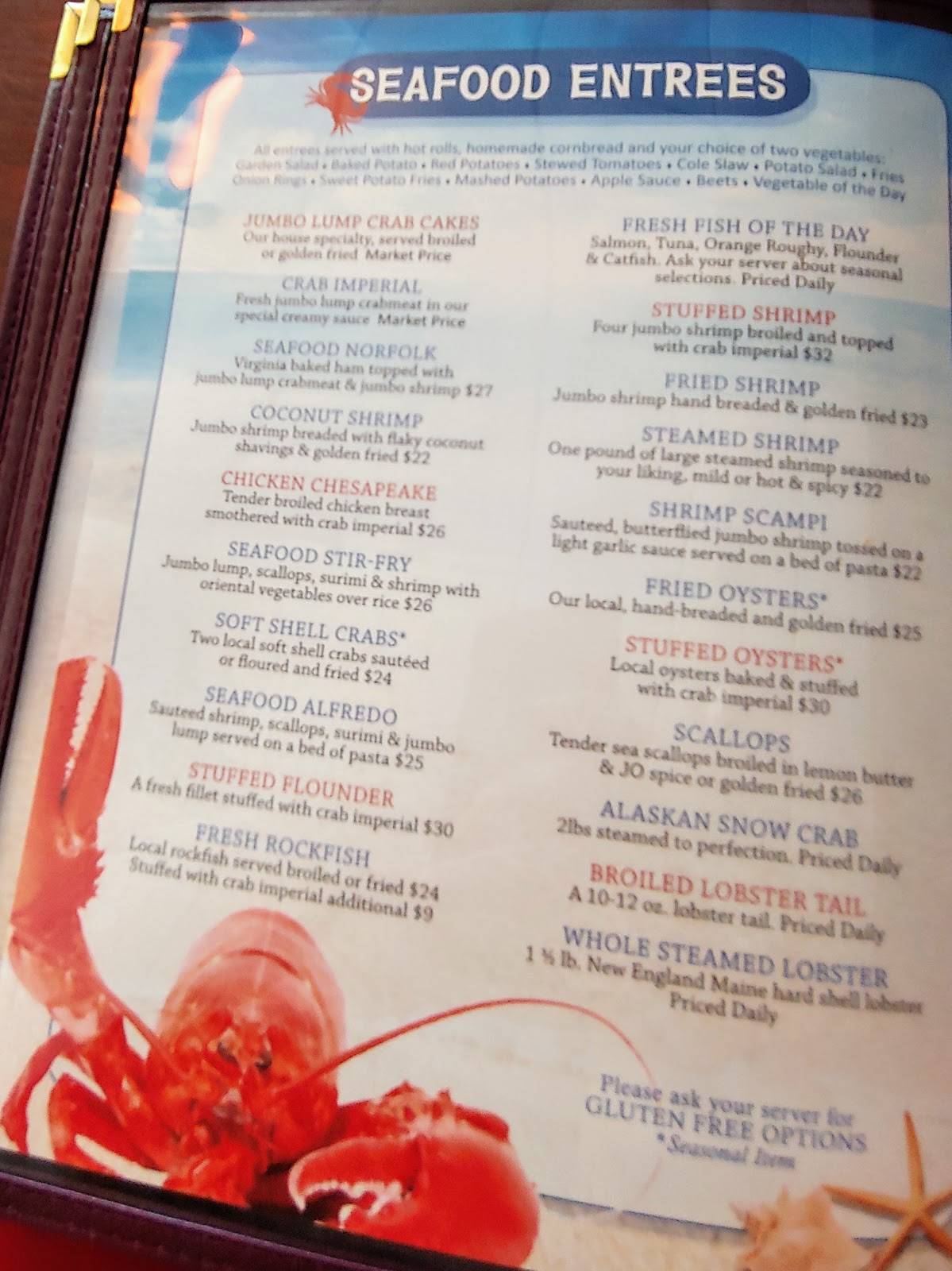 Menu at Chesapeake Landing restaurant, Saint Michaels, St Michaels