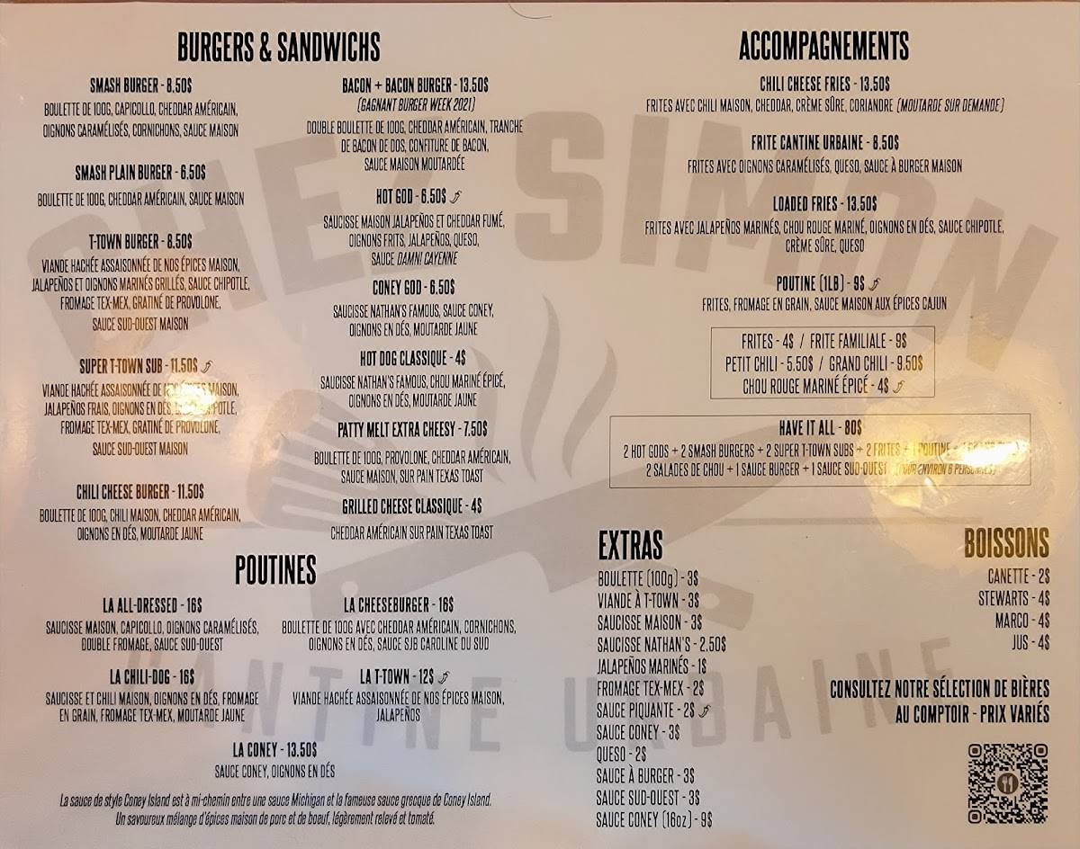 Menu at Chez Simon Cantine Urbaine fast food, Montréal