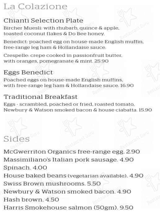 Menu at Chianti restaurant, Adelaide