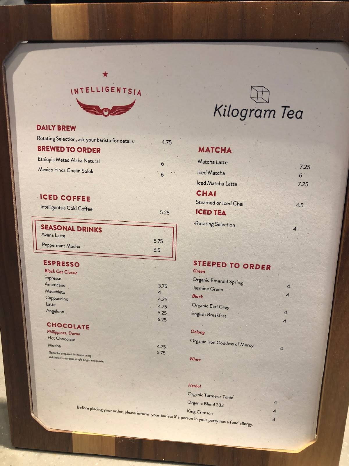 Carta de Intelligentsia Coffee Millennium Park Coffeebar, Chicago, 53 E ...