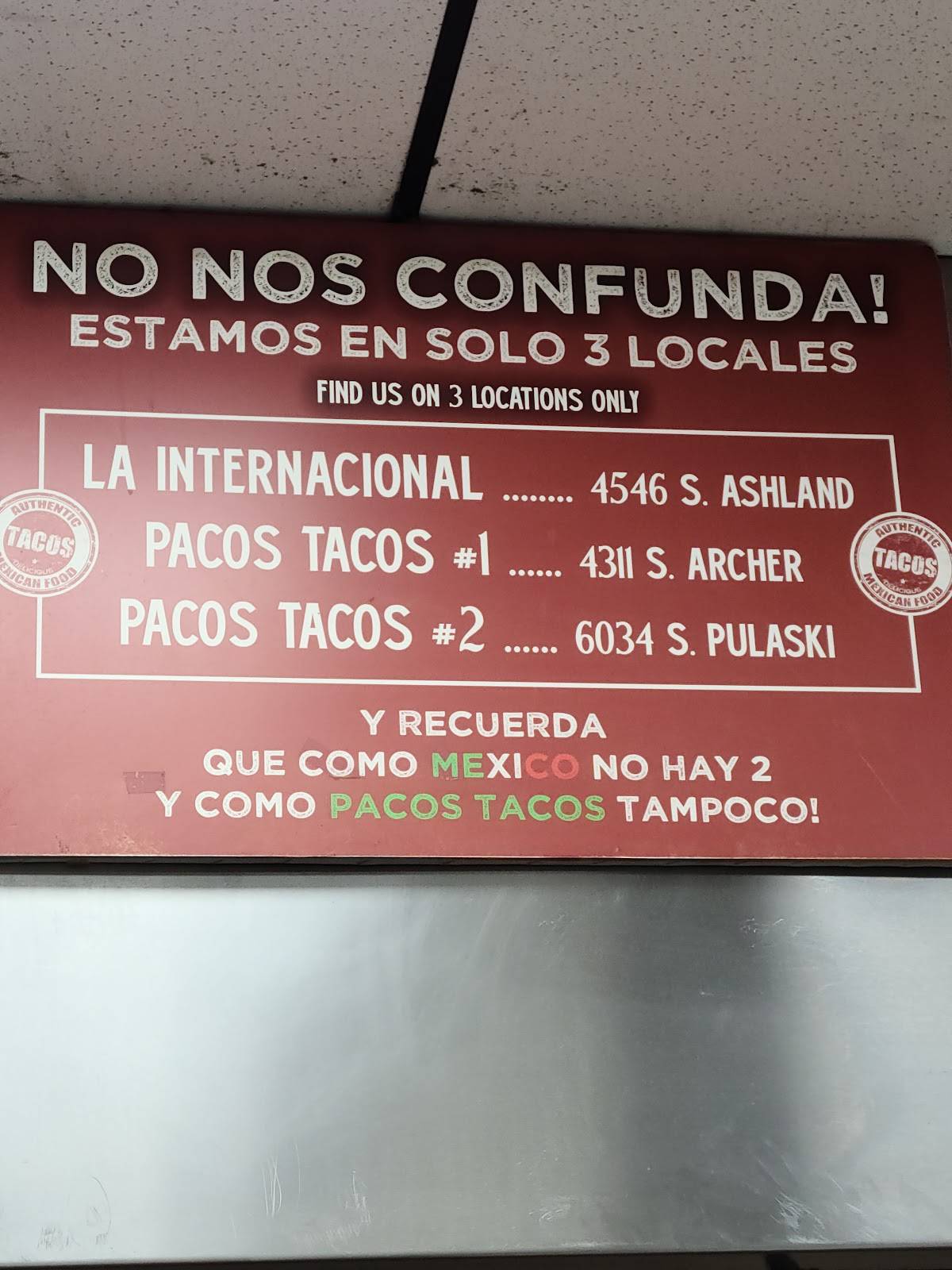 Menu at Paco's Tacos restaurant, Chicago, S Archer Ave