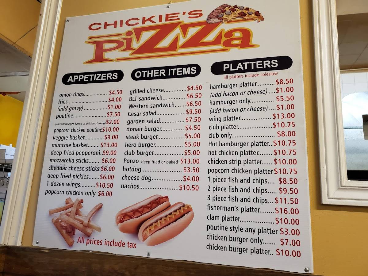 Menu at Chickie's Pizza restaurant, Glace Bay, 117 Commercial St
