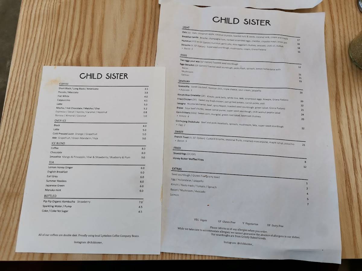 Menu at Child Sister cafe, Christchurch