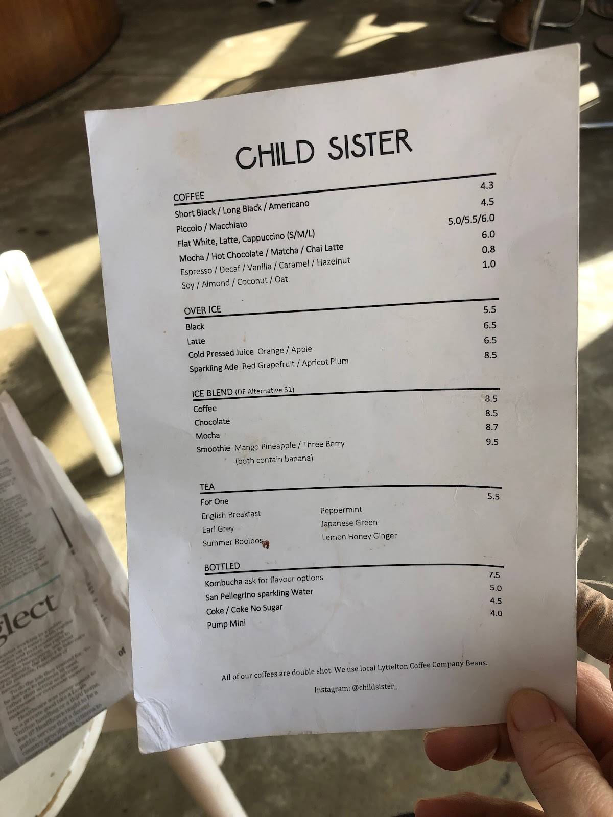 Menu at Child Sister cafe, Christchurch