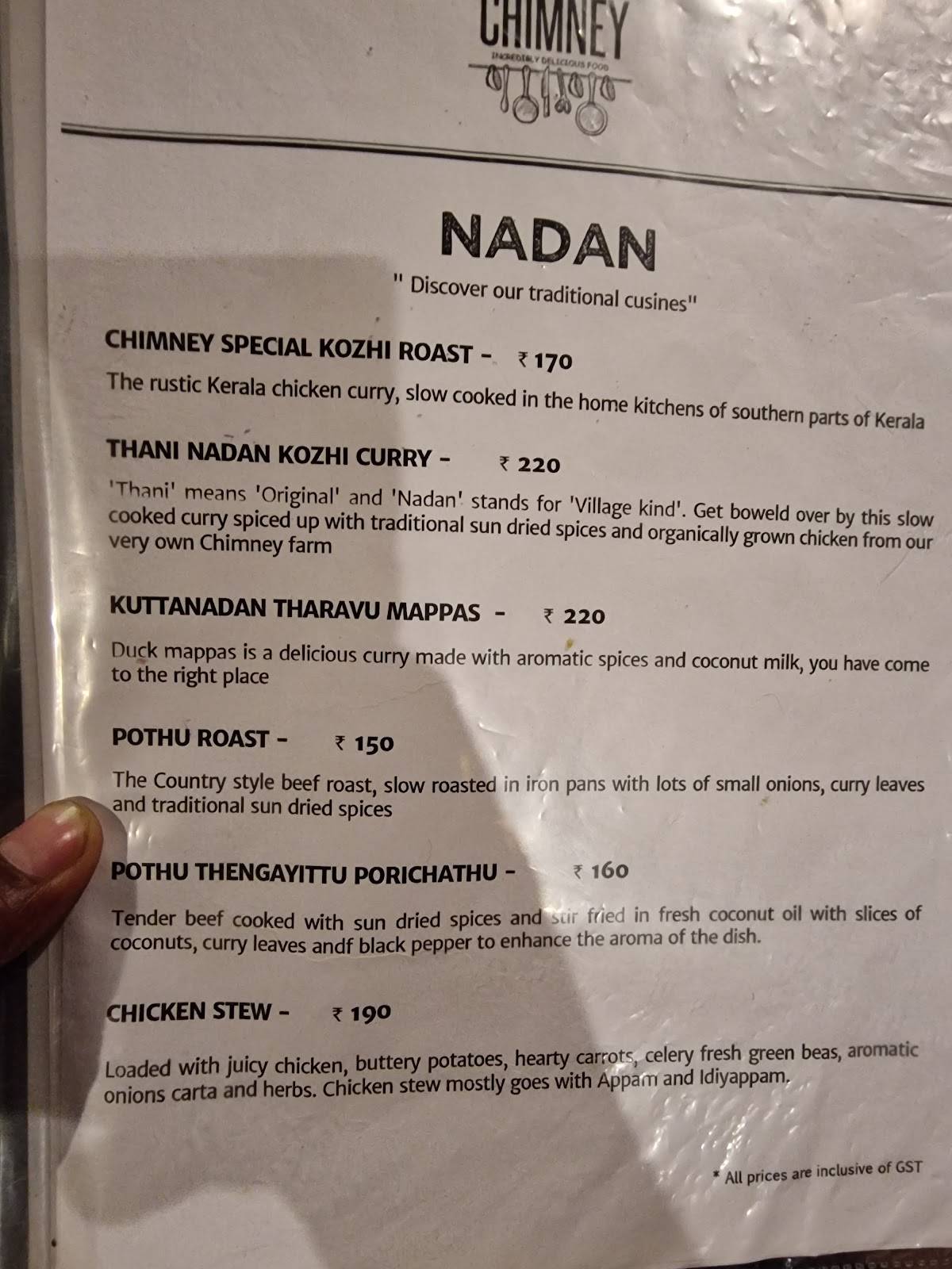 Menu at Chimney Family Restaurant, Varkala
