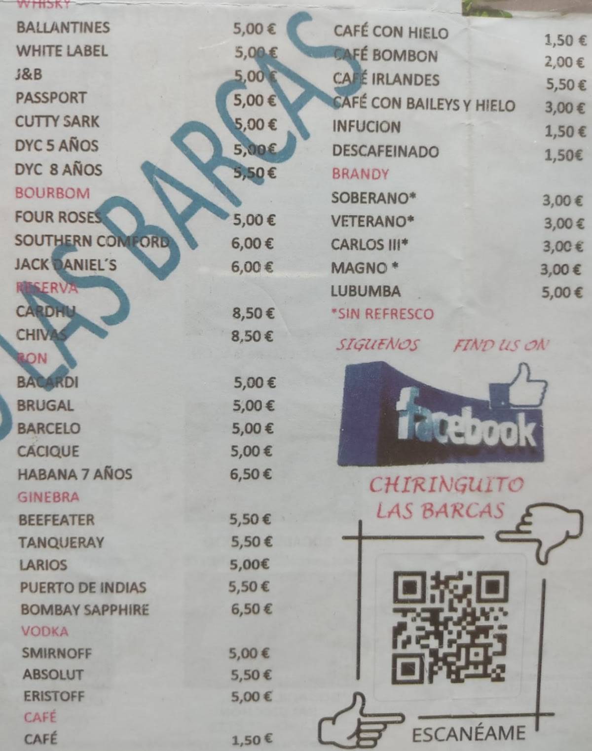 Carta de Chiringuito Las Barcas, Torremolinos