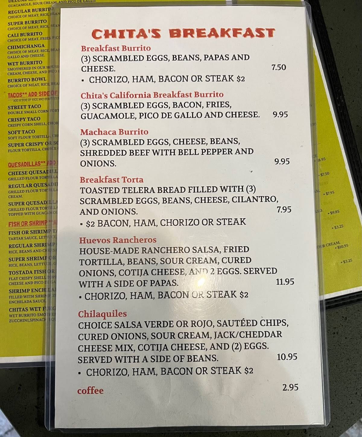 Menu at Chita's Taqueria restaurant, Sacramento