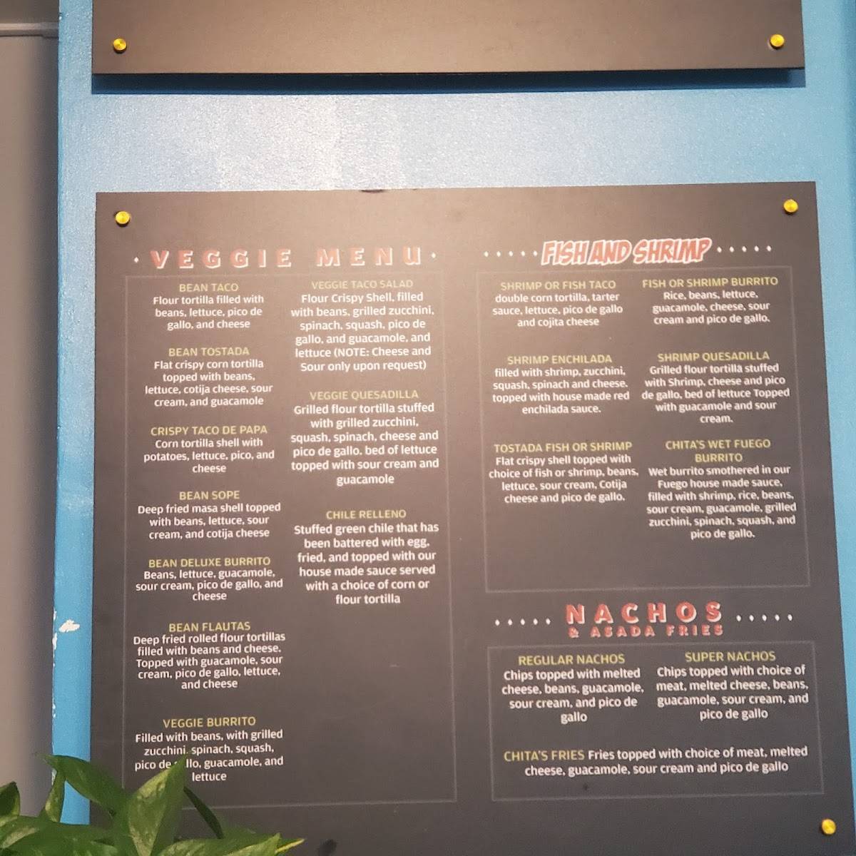 Menu at Chita's Taqueria restaurant, Sacramento
