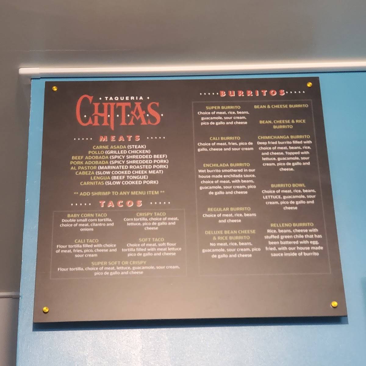 Menu at Chita's Taqueria restaurant, Sacramento