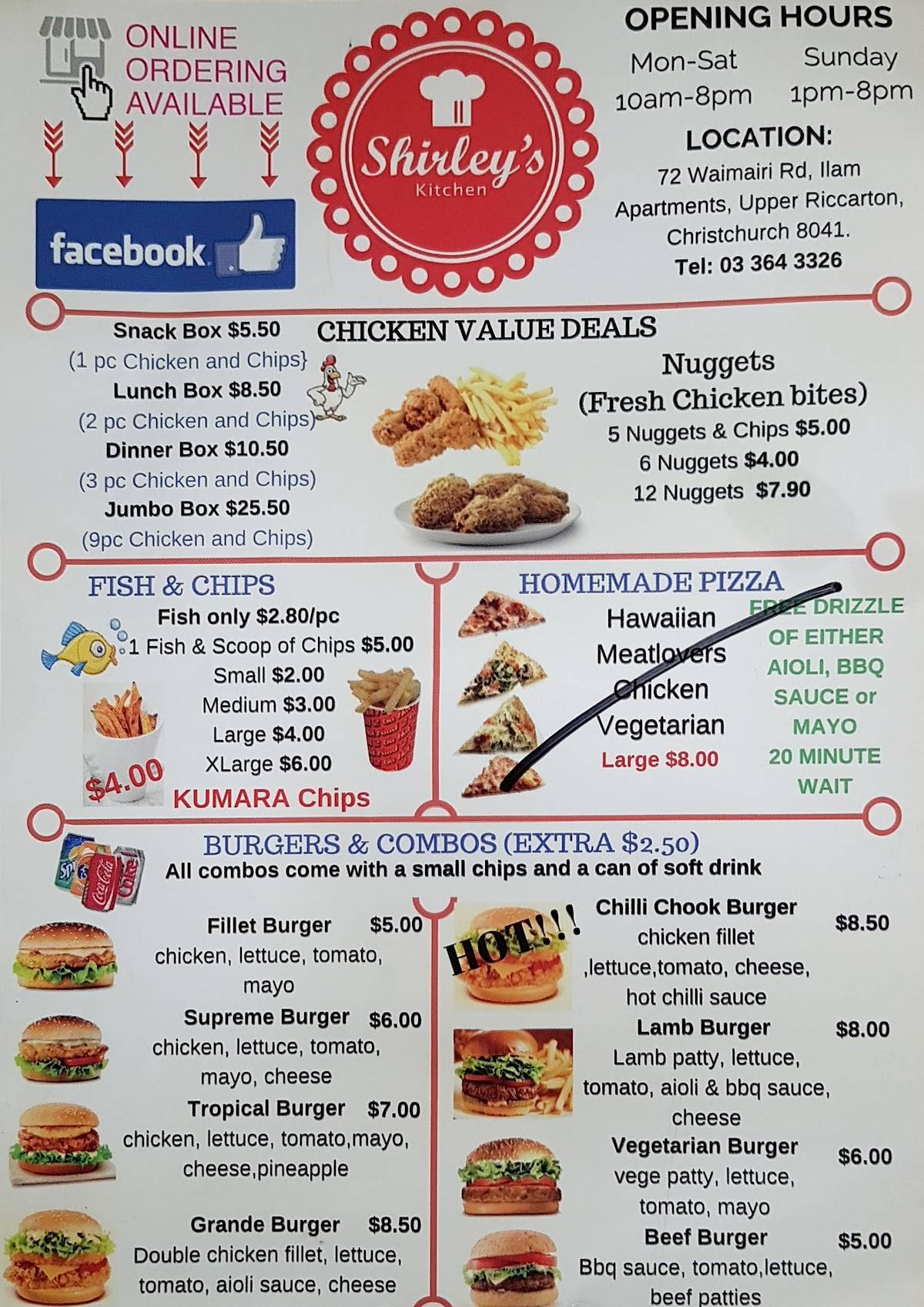 Menu at Shirley's Kitchen restaurant, Christchurch